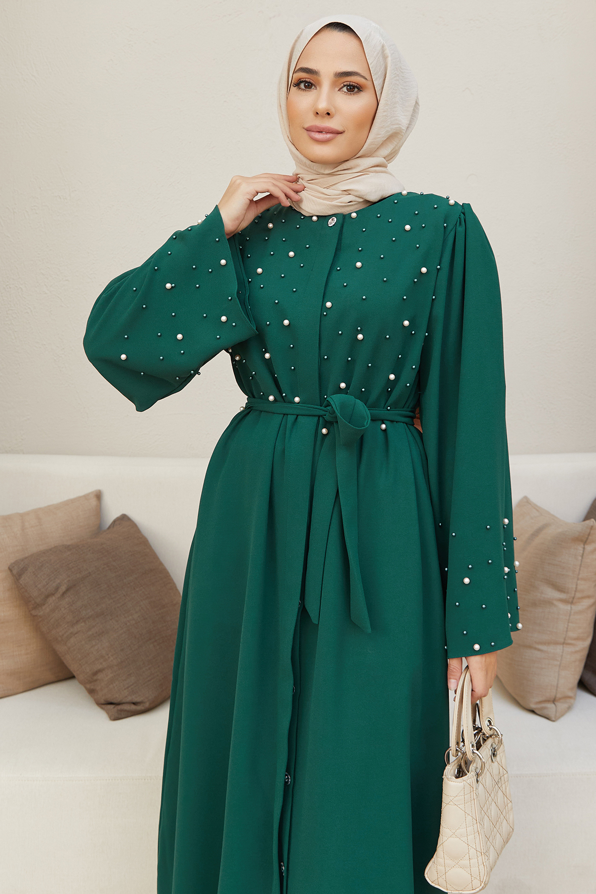 Pearl Detailed Abaya - Emerald | Vavinor
